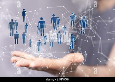 3D rendering of human icons floating on hand- digital work conference ...
