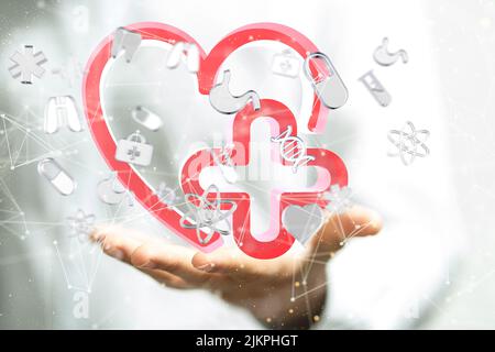 Medical technology concept with 3d rendering cute robot holding dna ...