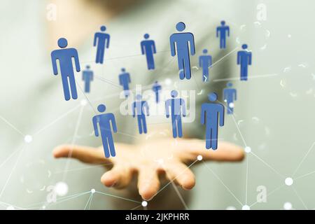 A 3D illustration of human figures floating above a hand connected with ...