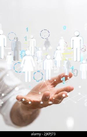 3D rendering of human icons with binary codes floating on hand-Unity group and teamwork concept ...