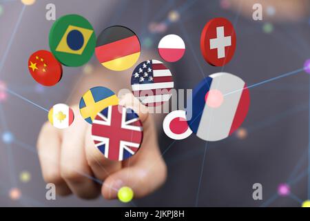 A 3D rendering of the world's national flags on a blurry background ...