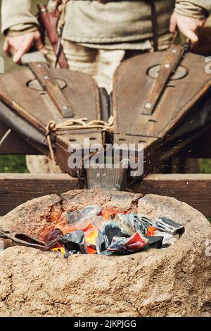 Work bellows of a medieval blacksmith for the manufacture of metal ...