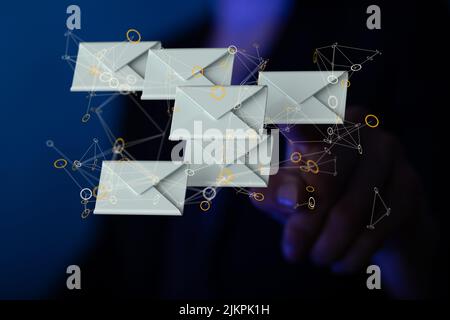 A 3d rendering of floating user icons over a hand holding a tablet ...