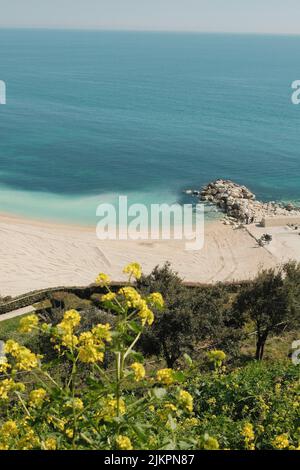 A vertical shot of a blue sea against rural houses on rocky coastline ...