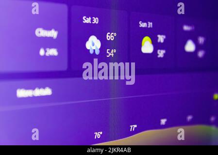 Weather forecast interface on a digital display showing hot weather for ...