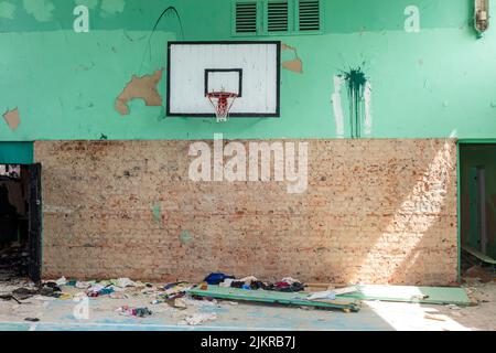 CHERNIHIV, UKRAINE - Jul. 27, 2022: War in Ukraine. Destroyed school in ...