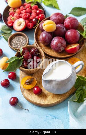 sweet homemade yogurt with fresh plum slices in a glass on a wooden ...