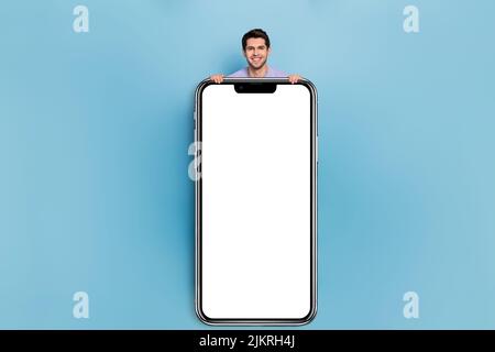 Full body portrait of positive promoter girl indicate finger empty ...