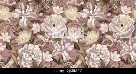 Vintage floral pattern with peonies, tulips, buds, flowers, butterflies ...