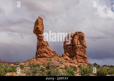 The iconic Balanced Rock in Arches Nationa Park, Utah stands 128 feet ...