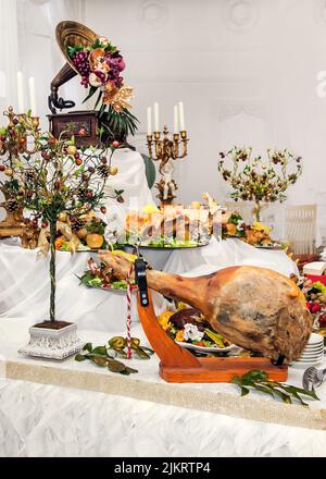 Retro gramophone decorated with fruit at a wedding banquet, decorating ...