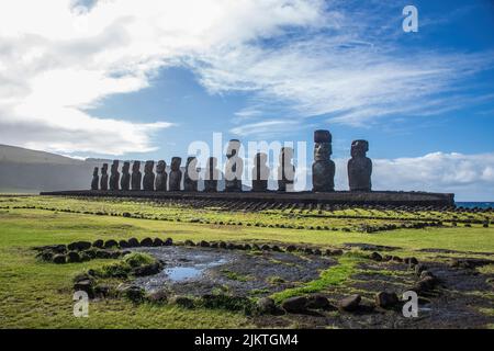 A scenic view of antique Moai stone statues on Easter Island, Chile ...