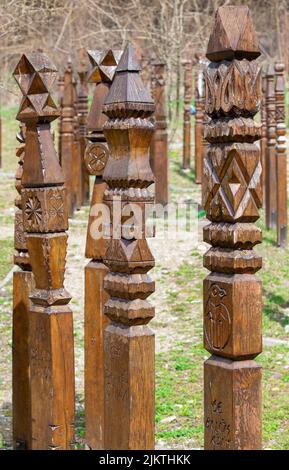 Many funerary pillars carved in wood at the Wailing Wall monument in ...