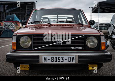 Navarra, Spain; March 6, 2022: orange Volvo 244 DL turbo stance sleeper ...
