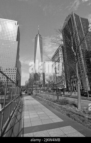 A vertical shot of high blue skyscrapers in Chicago in cloudy sky ...