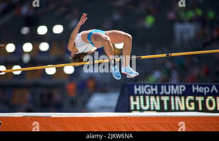 Maria Huntington participating in the high jump at the European ...