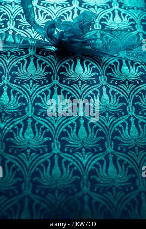decorative metallic blue damask pattern gift wrapped present Stock ...