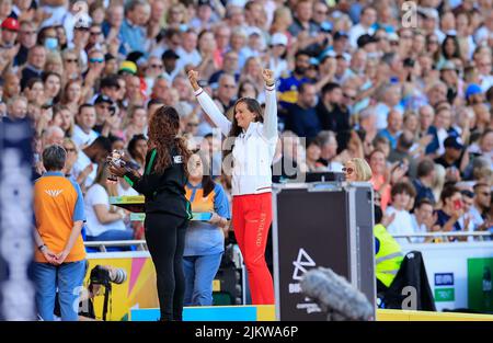 Jade Lally of England receives her silver medal for the women’s discus ...