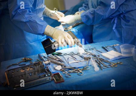 Hospital operating room suite set up in preparation for an orthopedic ...