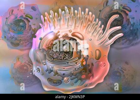 Cell sectional view with all the main organelles: nucleus, reticulum ...