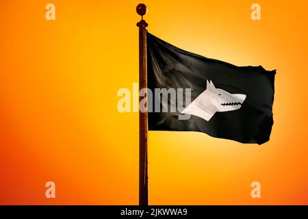 A digital illustration of a flag of the Gokturk Empire waving against a ...