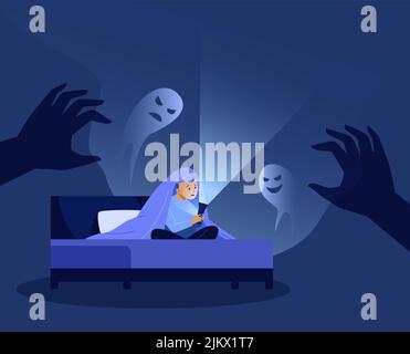 Children nightmares. Child fear dark bedroom, scared kid afraid horror ...