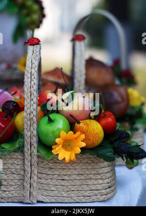 Different fruits on bright color background Stock Photo - Alamy
