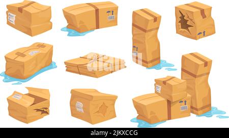 Broken damaged cardboard boxes, torn carton packaging. Broken delivery cardboard packages or ...