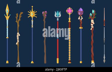 Magic staff set, wizard sorcerer and magician cartoon vector wands or ...
