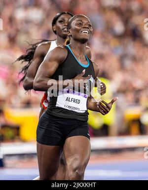 Julien Alfred (LCA) competing in the Womens 100m Final, wins the gold ...