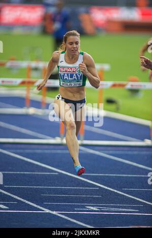 Alina Talay participating in the 100 meter hurdles at the European ...