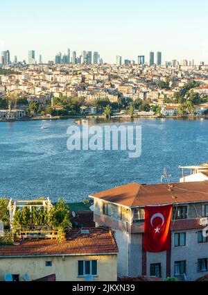 Scenic top view of Balat or Fener neighborhood and Golden horn, Fatih ...