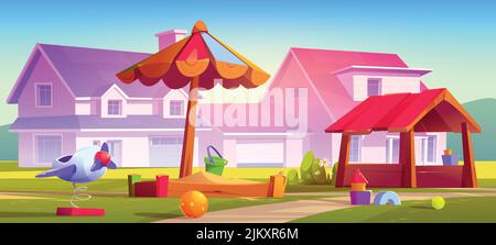 Kids playground at suburb with cottages, children area with sandbox ...