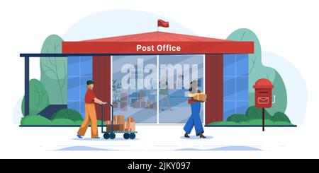 Customers at post office reception vector illustration. Cartoon people ...