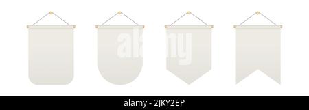 Empty white bunting pennants of various shapes. Hanging realistic pennants and flag with rope ...