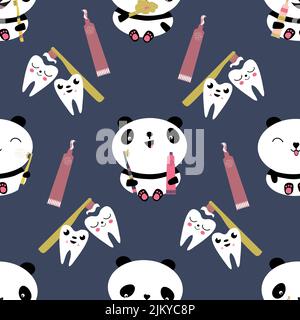 Kawaii panda kids dental health care vector educational seamless ...