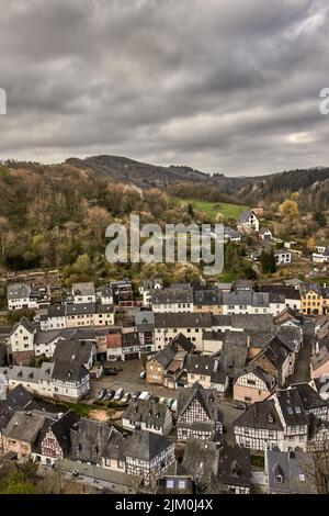 An aerial view of the village Monreal in the region of the Eifel in ...