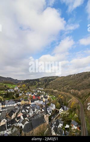 An aerial view of the village Monreal in the region of the Eifel in ...