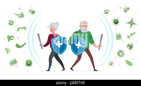 Old people with shield protect immune system from disease. Elderly ...