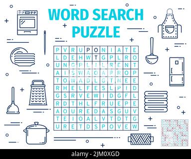 Kitchenware and utensil. Word search puzzle game worksheet. Quiz grid ...