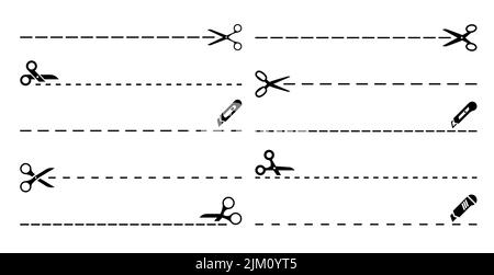 Cut lines, scissor, utility knife cutting lines, vector black dash ...