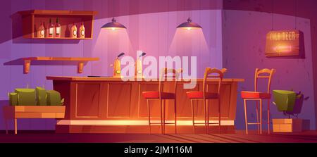 Bar with wooden counter, beer pumps and bottles in cafe or restaurant ...