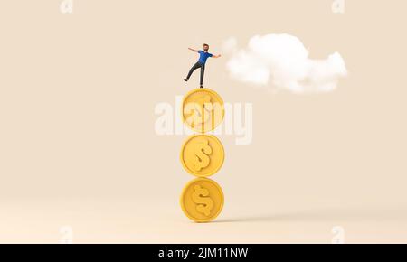Person balancing on top of a dollar currency coin. Uncertain economy ...