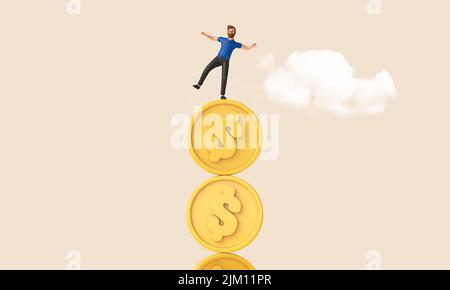 Person balancing on top of a dollar currency coin. Uncertain economy ...