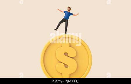 Person balancing on top of a dollar currency coin. Uncertain economy ...