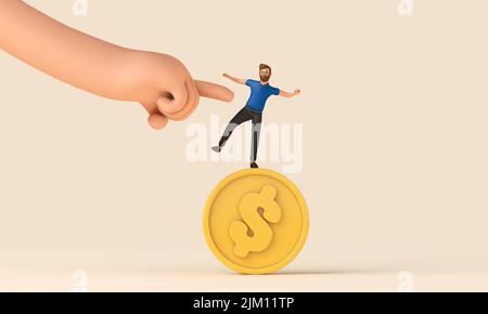 Person balancing on top of a dollar currency coin. Uncertain economy ...