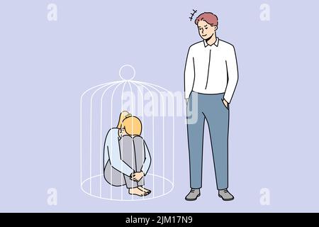 Woman locked in cage. Unhappy female character sitting on floor and ...