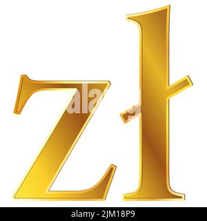Polish zloty PLN currency golden sign outline isometric top view ...