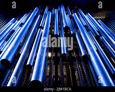 Pipe organ at Organ Hall of a Philharmonic. Steel tubes of Pipe Organ ...