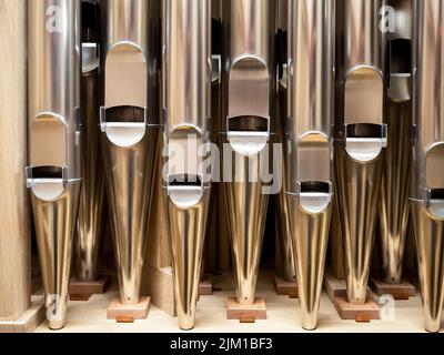modern steel organ pipes, structure of organ, musical instrument. close ...